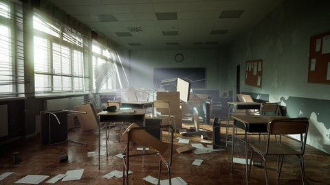 Demolished Classroom Overturned Desks Chairs Damaged Stock Footage ...
