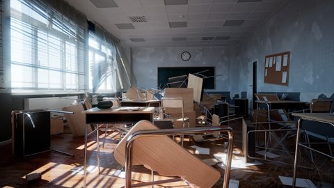 Demolished Classroom Overturned Desks Chairs Damaged Stock Footage ...