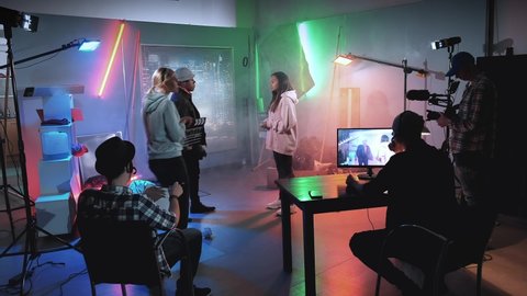 Backstage Film Shooting Producer Assistant Gives Stock Footage Video ...