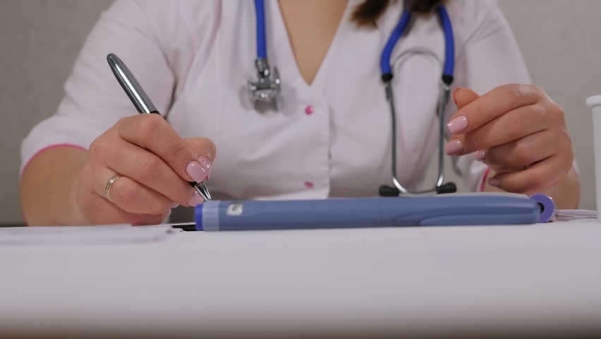 Closeup Doctor Holding Insulin Pen Making Stock Footage Video (100% ...