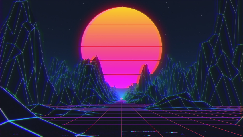 Stylized vintage 3D animation background with sun, palm trees and ...