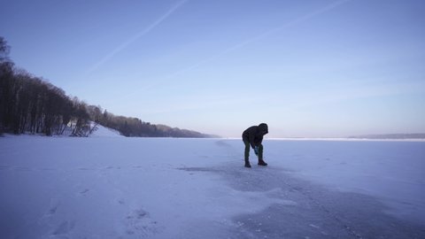 Man Cutting Ice Hole Axe On Stock Footage Video (100% Royalty-free ...
