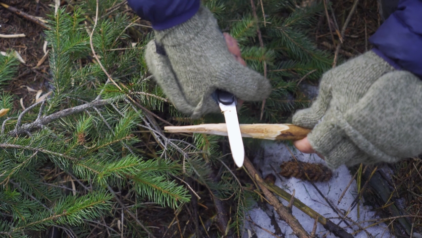 man hands sharpening pine tree stick Stock Footage Video (100% Royalty ...
