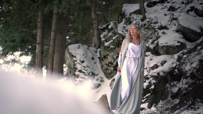 Beautiful Woman Snow Queen Standing Stock Footage Video (100% Royalty ...