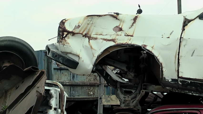 Old Vintage Crashed Car Scrap Yard Stock Footage Video (100% Royalty ...