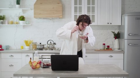 Hurrying Young Man Running Kitchen Eating Stock Footage Video (100% ...