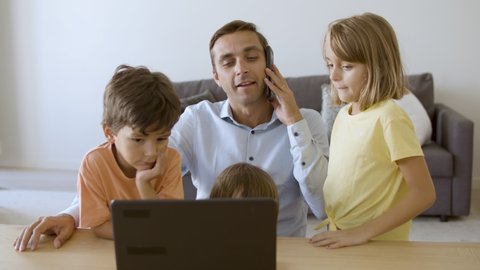 Caring Dad Talking On Smartphone Sitting Stock Footage Video (100% ...