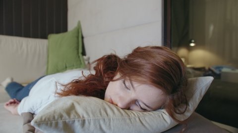 Exhausted Bored Young Sleepy Woman Falls Stock Footage Video (100% ...