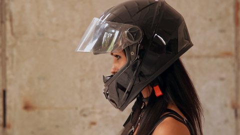 Profile Brunette Posing Motorbike Helmet Side Stock Footage Video (100% ...