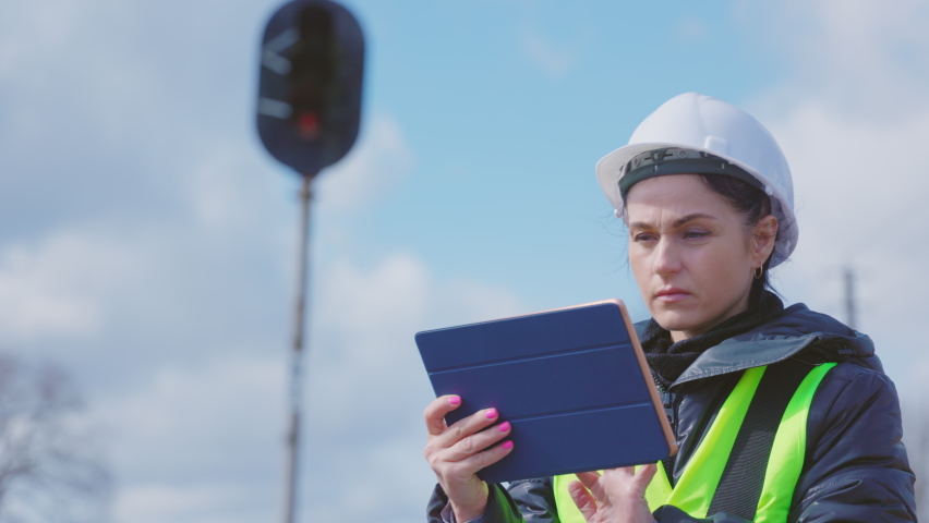 Railroad Worker Using Tablet Near Signal Stock Footage Video (100% ...