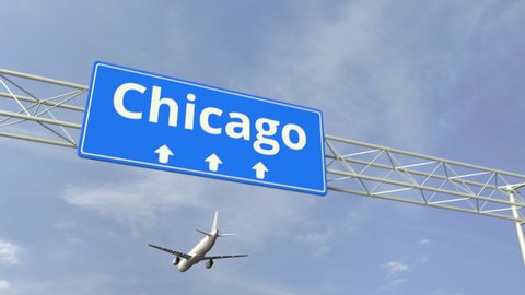 Chicago City Road Sign Flying Airliner Stock Footage Video (100% ...