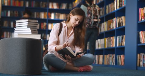 Beautiful Student Sitting Library Reading Book Stock Footage Video (100 ...