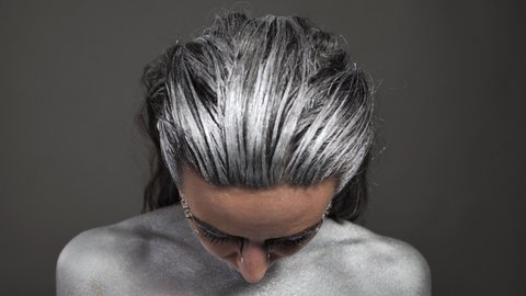 Portrait Beautiful Woman Silver Paint On Stock Footage Video (100% ...