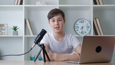 Boy Vlogger Look Camera Recording Podcast Stock Footage Video (100% ...
