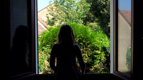 Silhouette Happy Little Girl Opening Window Stock Footage Video (100% ...