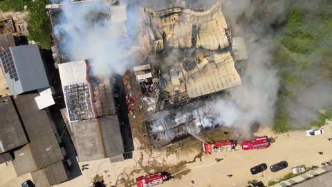 Aerial View Firefighters Extinguishing Ruined Building Stock Footage ...