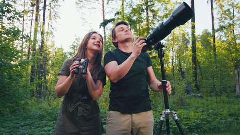 Birdwatching Park Couple Watch Birds Binoculars Stock Footage Video ...