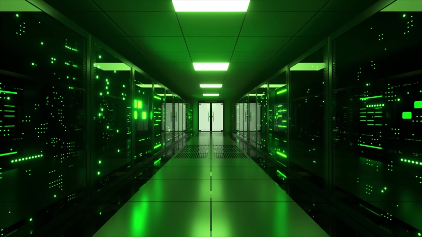 White server room with servers behind glass panels in data center. Big ...