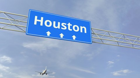 Houston City Road Sign Flying Airliner Stock Footage Video (100% ...