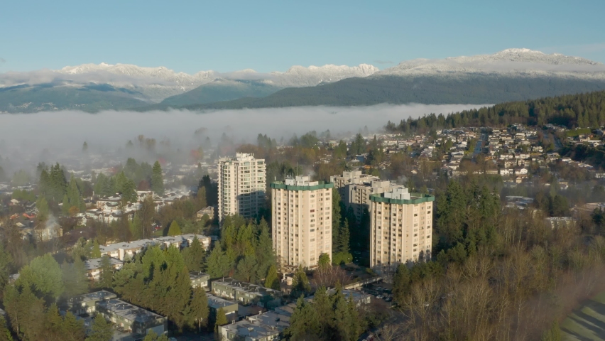 Fog over the trees in the forest in Vancouver, British Columbia, Canada ...