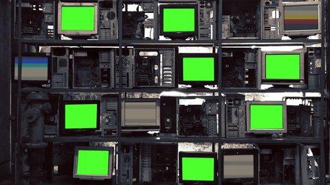 Old Damaged Computers Wall Green Screen Stock Footage Video (100% ...