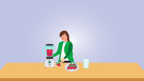 Healthy Woman Animation Making Strawberry Juice Stock Footage Video ...