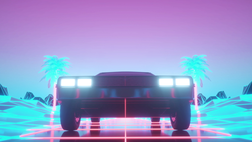 Retro futuristic car in vintage space city. 3D render animation ...