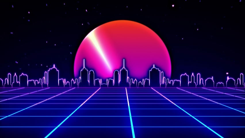 Retro 80s style synthwave sunrise with palm trees in perfect loop. 3D render animation. Video ...