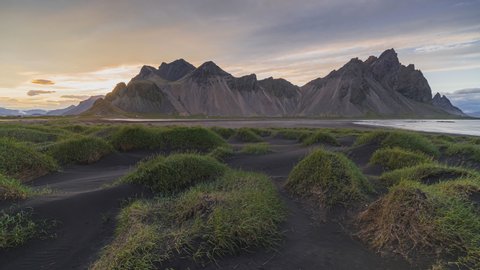 Timelapse Vesturhorn Mountain Small Grass Hills Stock Footage Video ...
