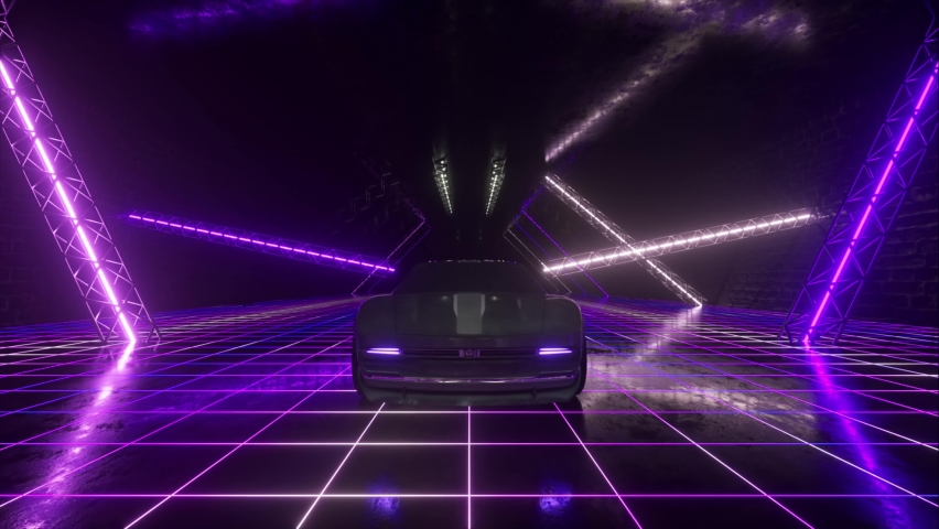 3D Cyberpunk Retro Synthwave Car Tunnel Landscape VJ Loop Motion ...