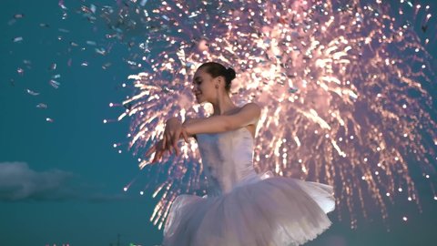 Ballerina Dancing Amazing Ballet Celabrating Fireworks Stock Footage ...