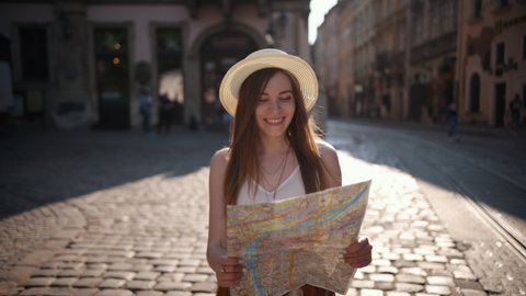 Adventurous Woman Navigating Topographic Map By Stock Footage Video ...