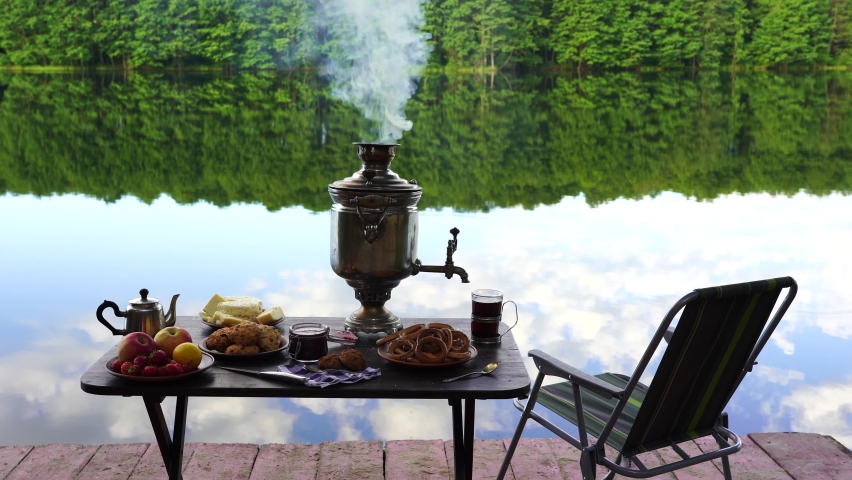 vintage metal tea samovar white smoke Stock Footage Video (100% Royalty ...