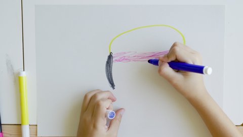 Children Hand Marker Drawing On Paper Stock Footage Video (100% Royalty ...