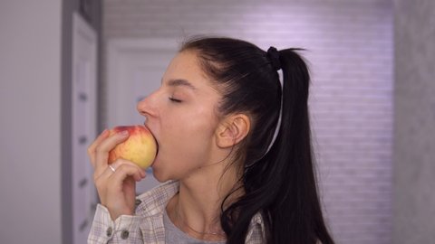 Woman Biting Peach Sayd Yammy Original Stock Footage Video (100% ...