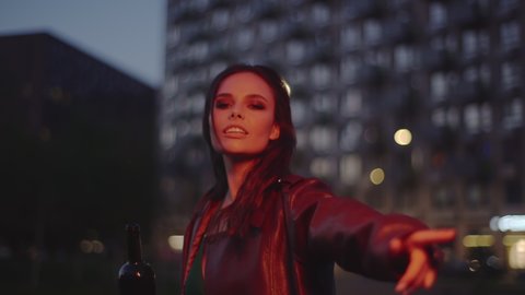 Portrait Hot Girl Bottle Wine Dancing Stock Footage Video (100% Royalty ...