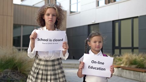 Two Schoolgirls Placards Standing Front School Stock Footage Video (100 ...