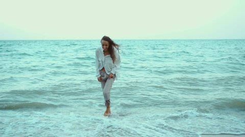 Beautiful Summer Woman Walking Sea Water Stock Footage Video (100% ...