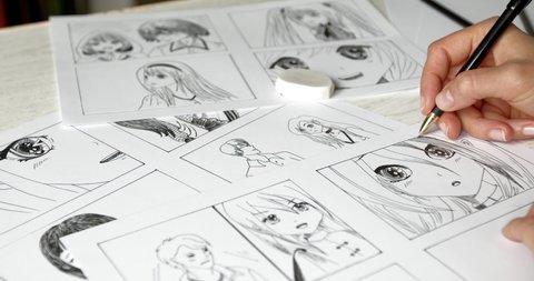 Artist Draws Anime Comics On Paper Stock Footage Video (100% Royalty ...