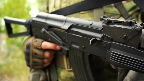 Military Man Holds Machine Gun His Stock Footage Video (100% Royalty ...