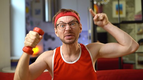 Portrait Funny Geek Dumbbell Screaming Camera Stock Footage Video (100% ...