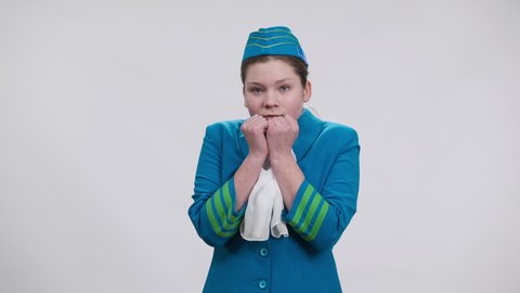 Shocked Scared Caucasian Girl Stewardess Uniform Stock Footage Video ...