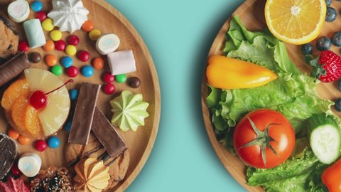 Fruits Vegetables Vs Candy Sweets Unhealthy Stock Footage Video (100% ...