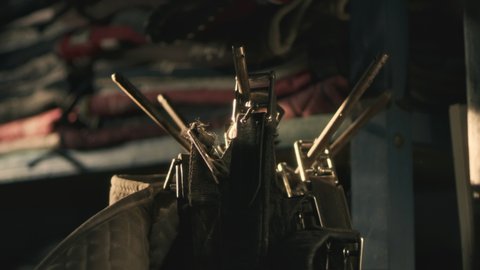 Low Angle Bunch Belts Hanging On Stock Footage Video (100% Royalty-free ...