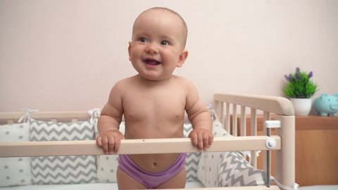 Portrait Happy Laughing Newborn Baby Standing Stock Footage Video (100% ...