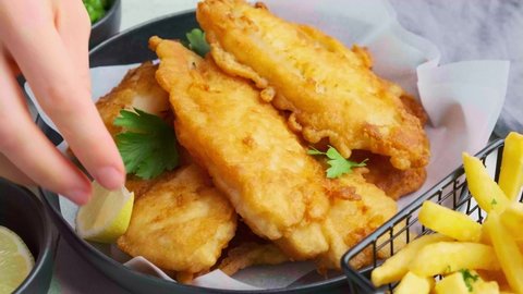 Fish Chips Green Peas On Gray Stock Footage Video (100% Royalty-free ...