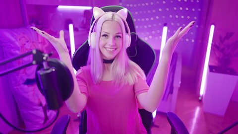 Cute Gamer Girl Streamer Cat Ears Stock Footage Video (100% Royalty ...