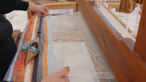Using Traditional Loom Weaving Woman Pulls Stock Footage Video (100% ...