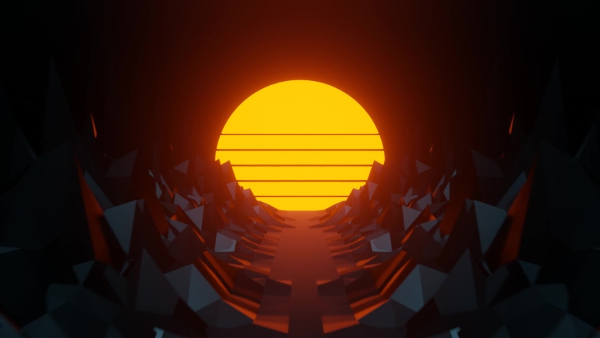 Stylized vintage 3D animation background sun and glowing stars. 80s retro futuristic sci-fi ...