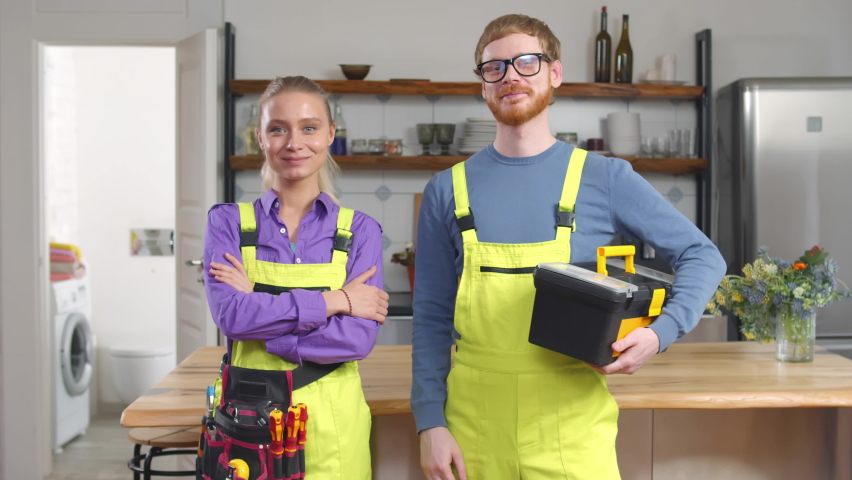 portrait team professional plumbers uniform looking Stock Footage Video ...